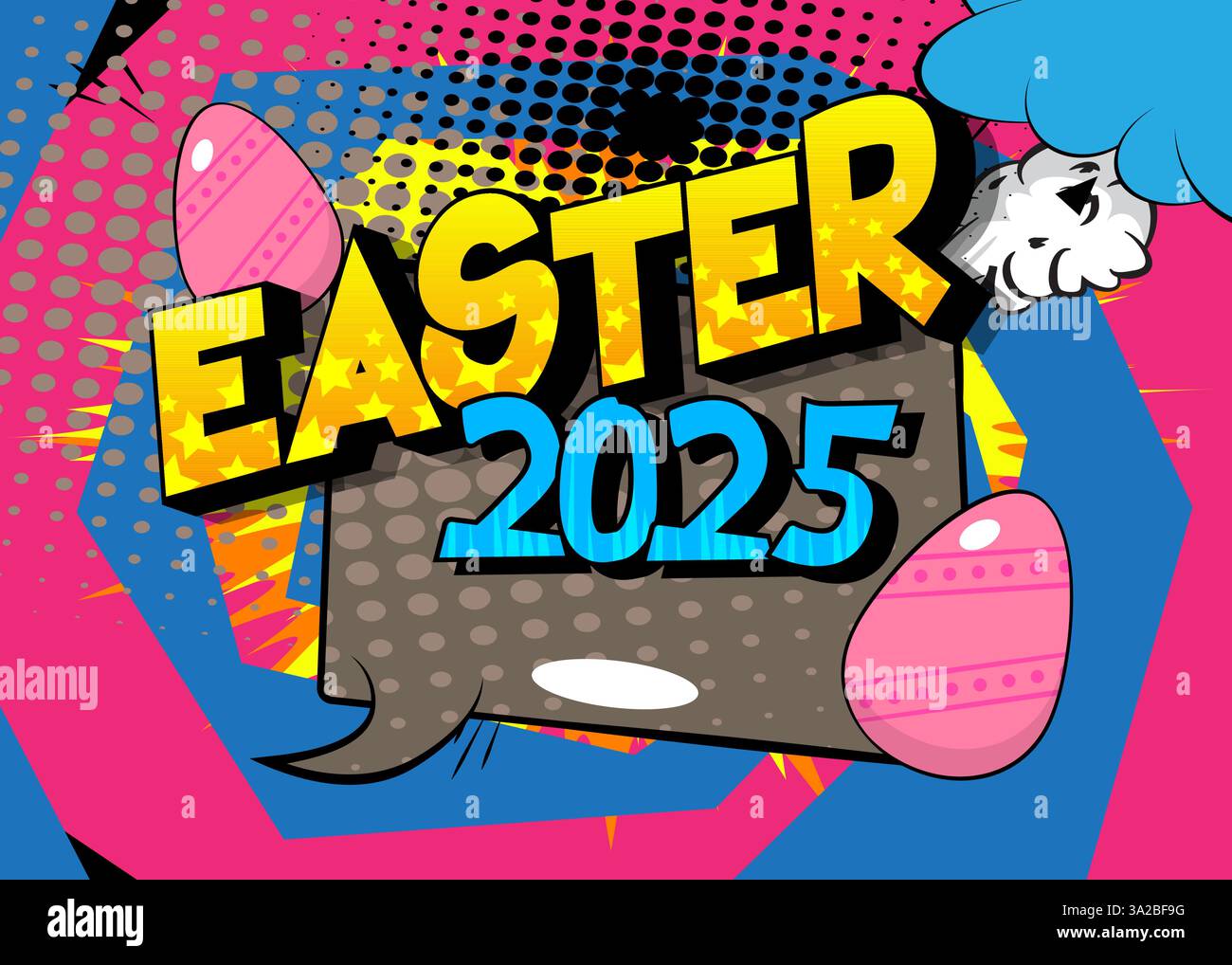 Cartoon 2025 Easter Text, comic book holiday. Retro vector comics pop art design Stock Vector ...