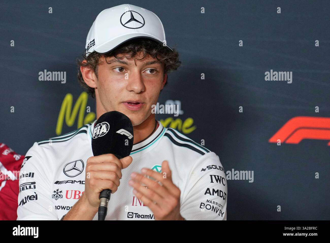 Mercedes driver Kimi Antonelli of Italy answers questions during a ...