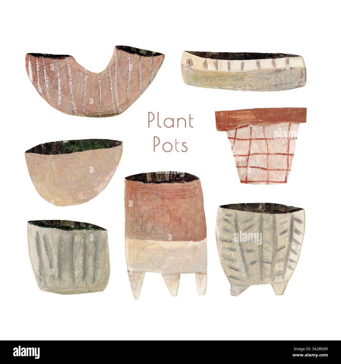 Watercolor and pencil mixed media hand drawn set of plant pots ...
