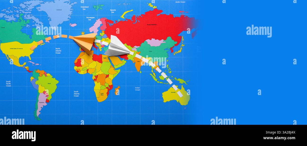 Paper airplanes with routes on world map. Banner for design Stock Photo ...