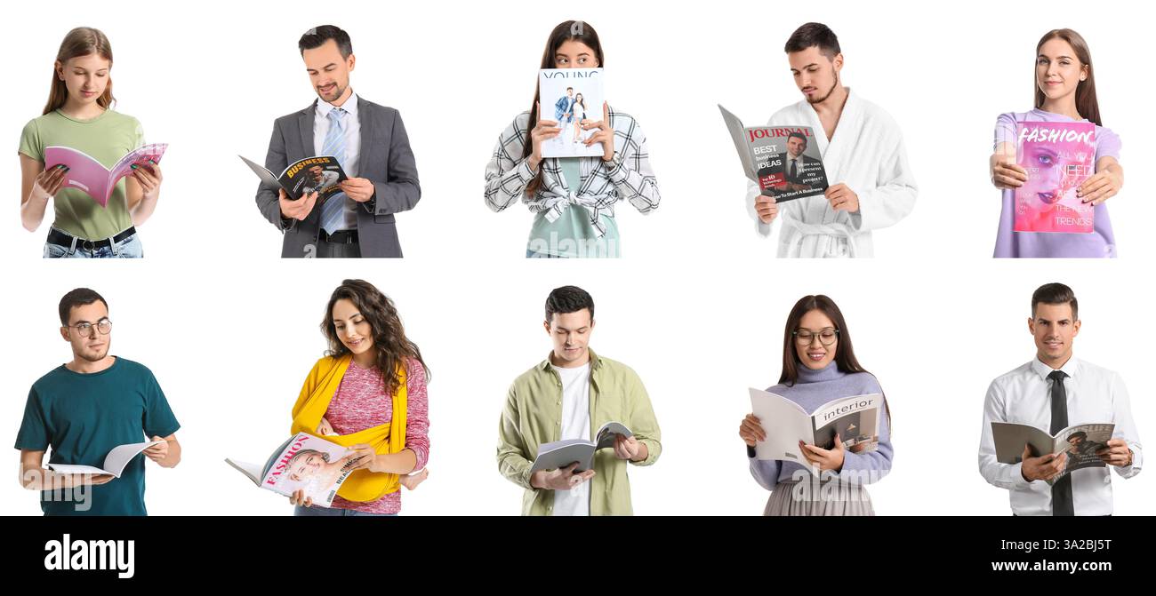 Set of many different people with magazines on white background Stock ...