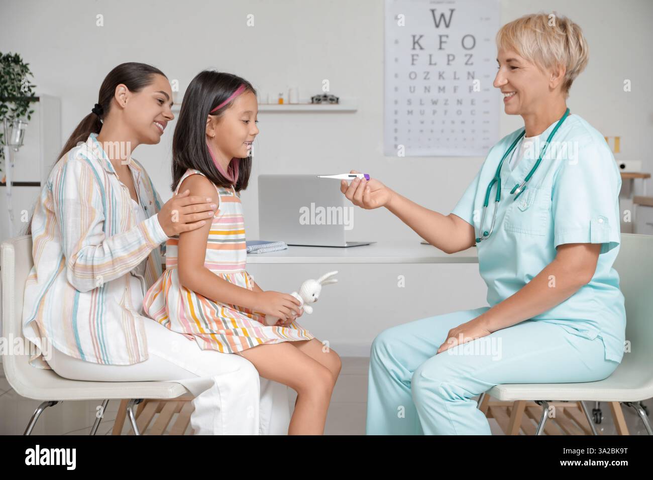 Female pediatrician giving thermometer to little girl and mother in ...