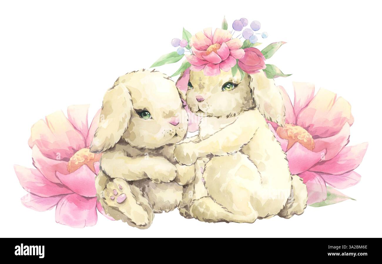 Two fluffy rabbits hug each other. Watercolor Stock Photo - Alamy