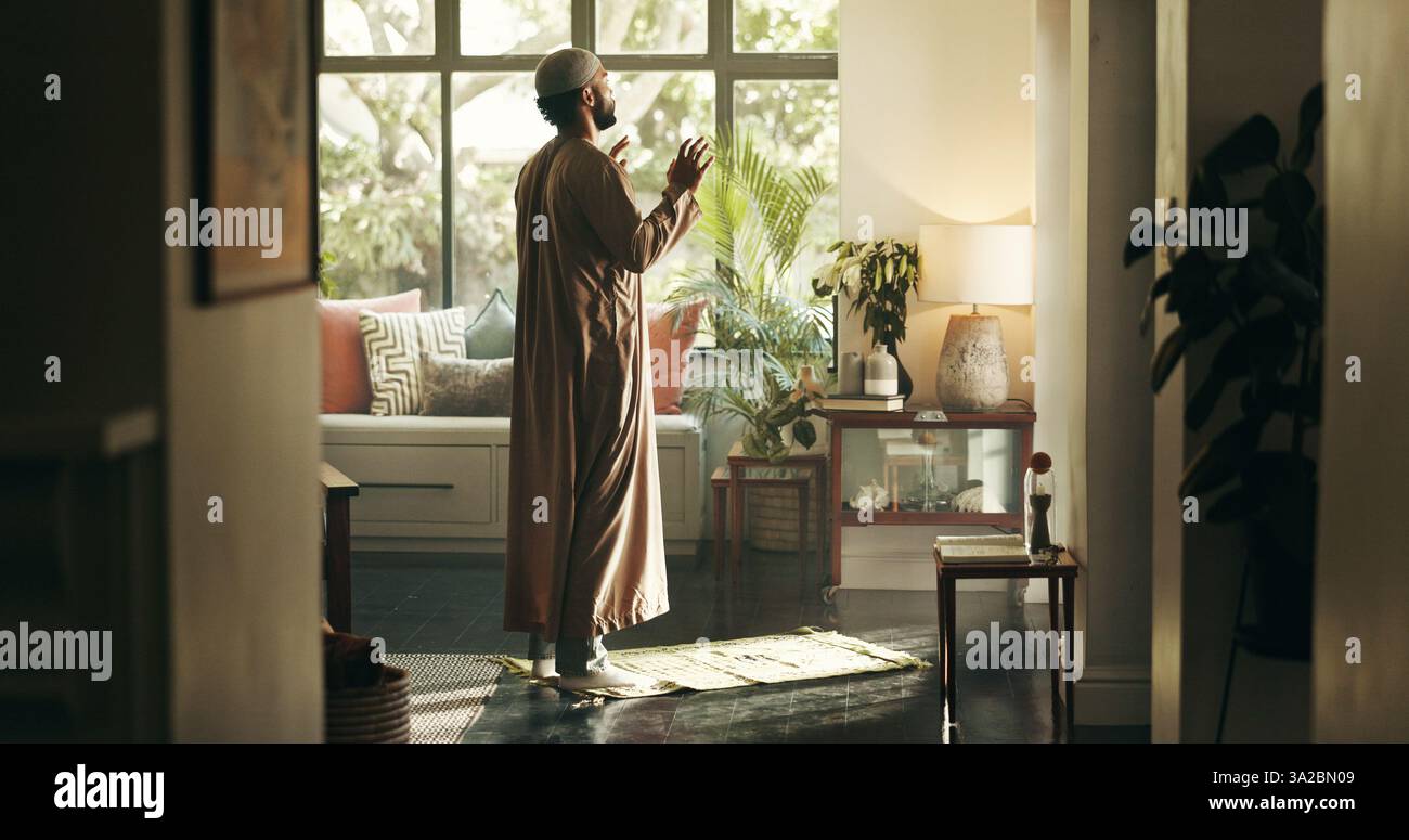 Islamic, man and praying to god at house for spiritual worship, praise ...