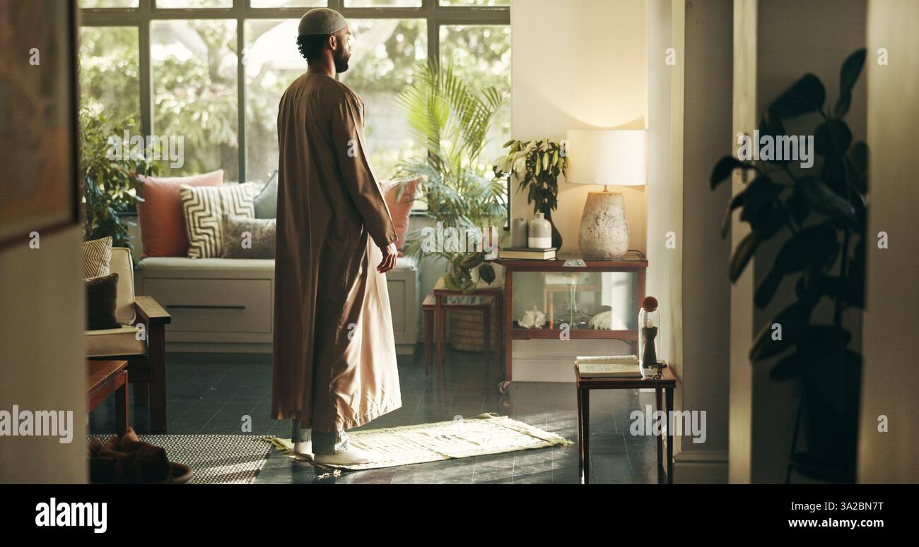 Islamic, man and praying with belief at house of spiritual worship ...