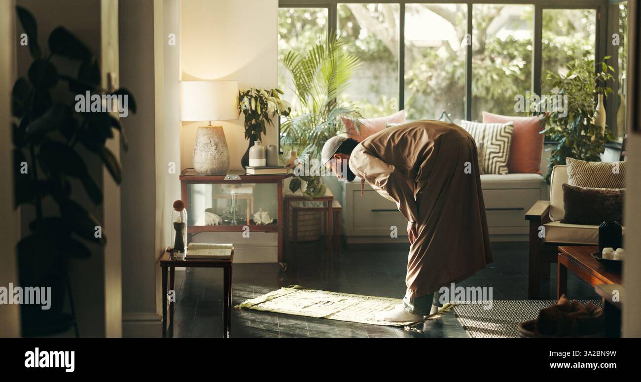 Muslim, man and bow in prayer with faith at house of spiritual worship ...