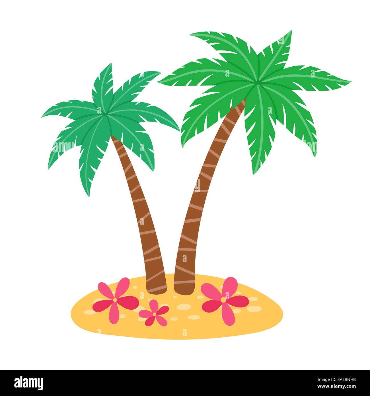Two cartoon palm trees on a small island with pink flowers. Vibrant ...