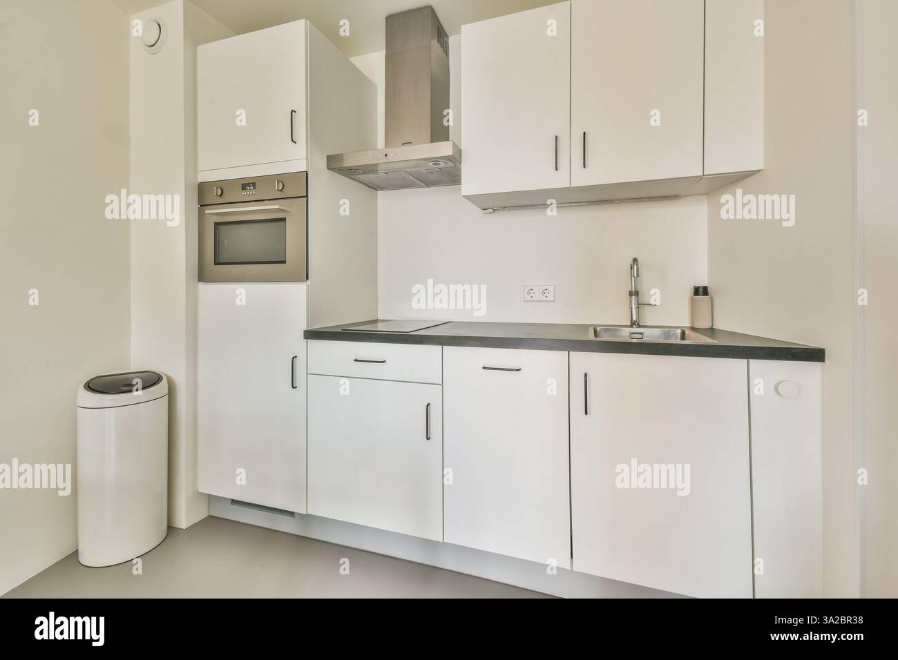 A sleek and modern kitchen featuring minimalist cabinetry, a ...