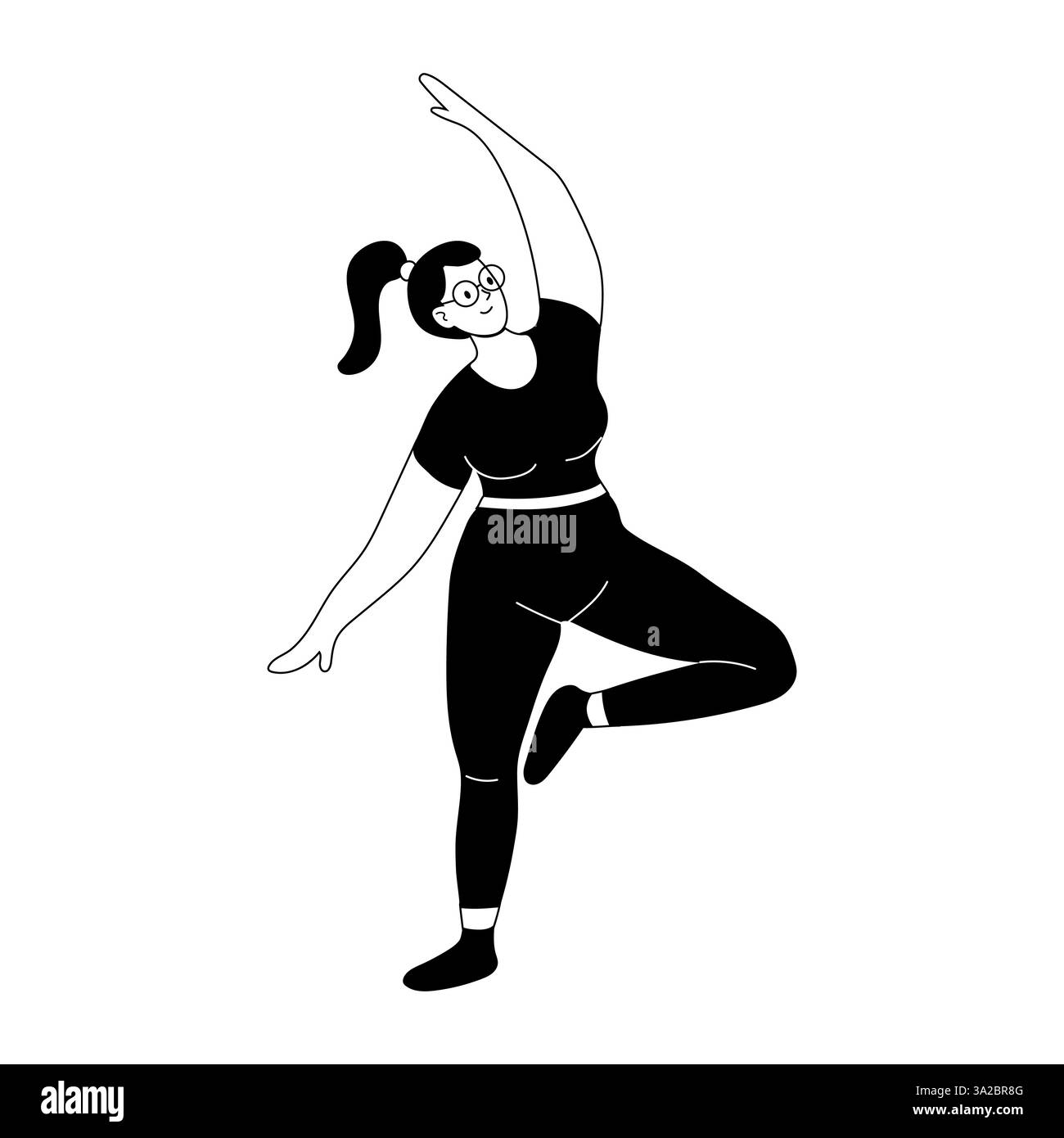 Active woman practicing dance poses in a black and white illustration ...