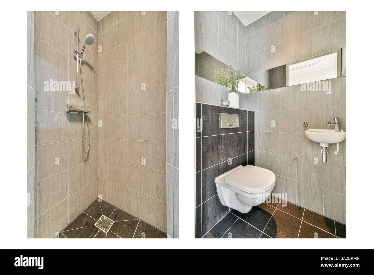 Stylish and contemporary bathroom featuring sleek tiles, a shower area ...