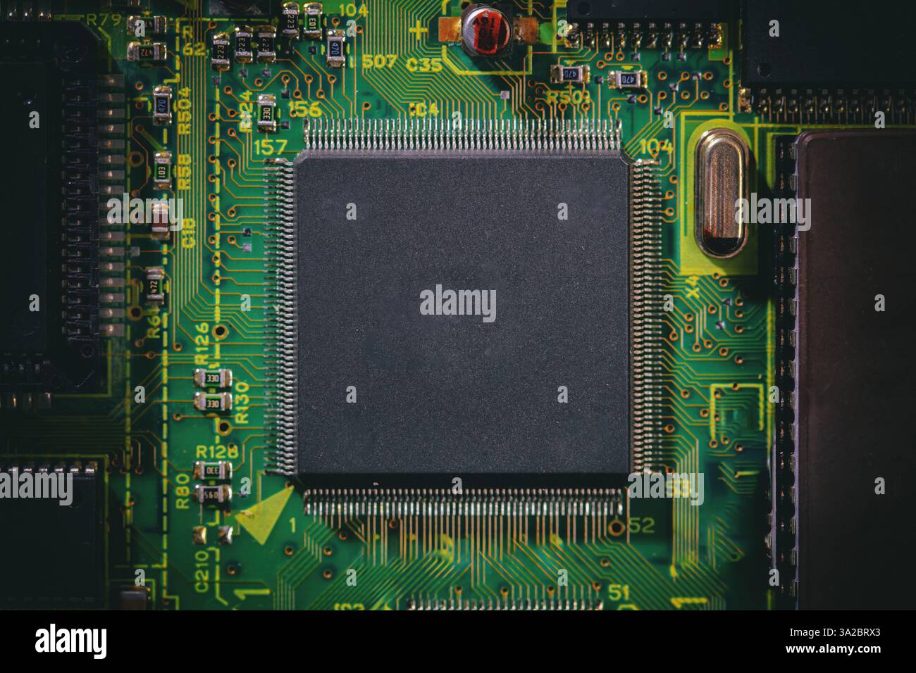 Computer circuit board closeup. CPU, central processing unit, electronic components and wiring ...