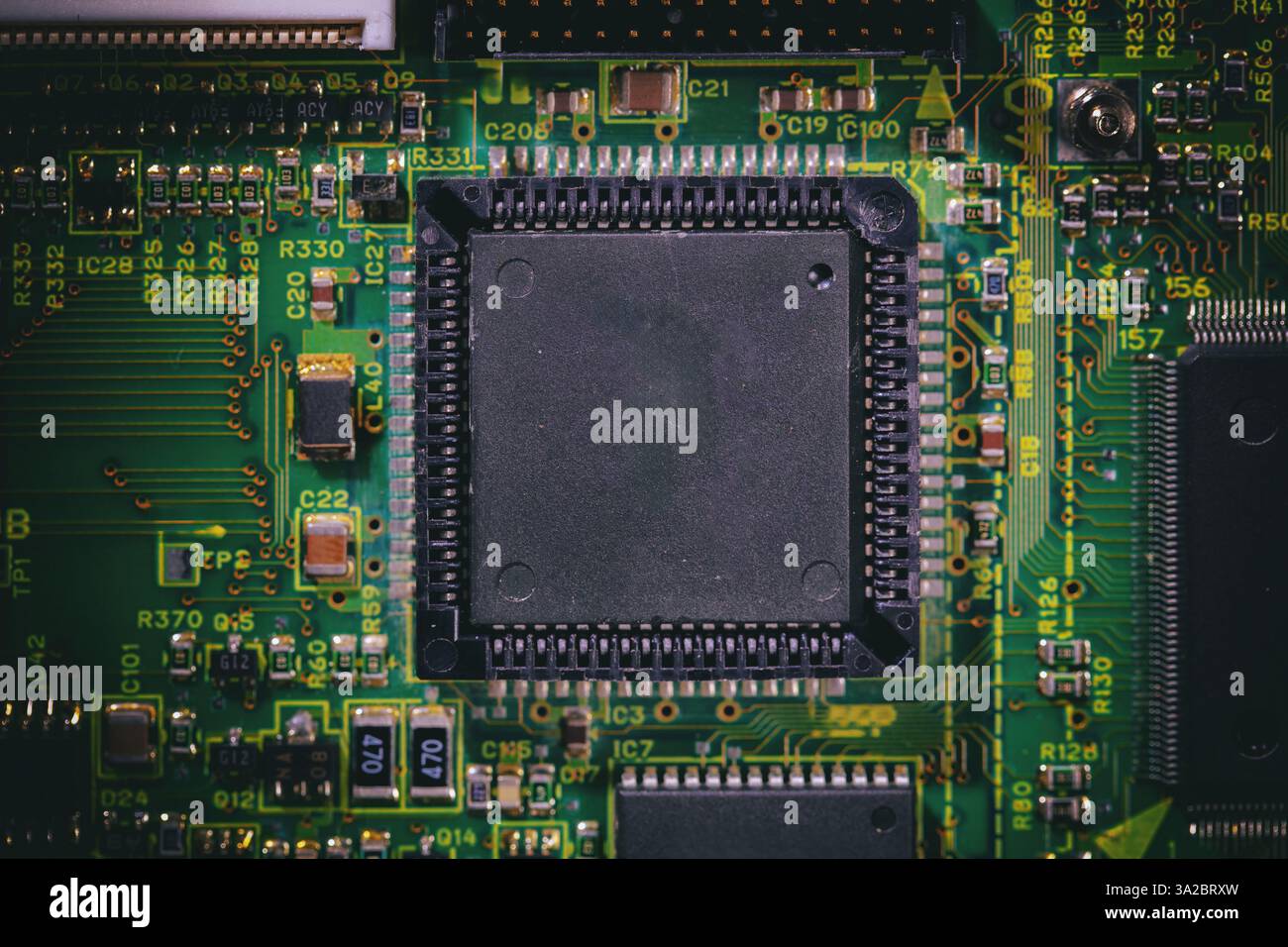 Computer circuit board top view. CPU, central processing unit, electronic components and wiring ...