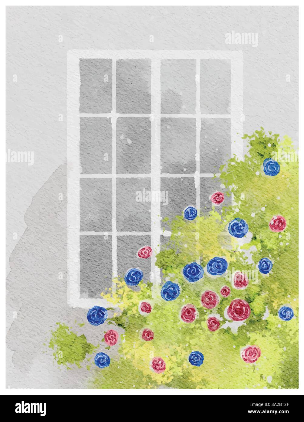 Watercolor illustration of a window with climbing roses. A simple ...