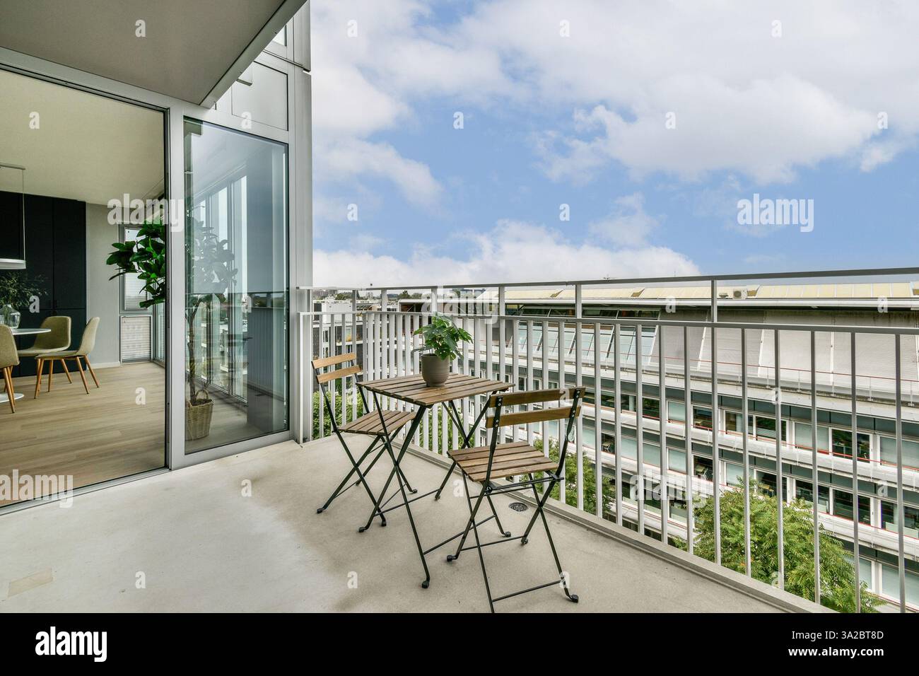 A contemporary balcony featuring stylish seating arrangements, large ...