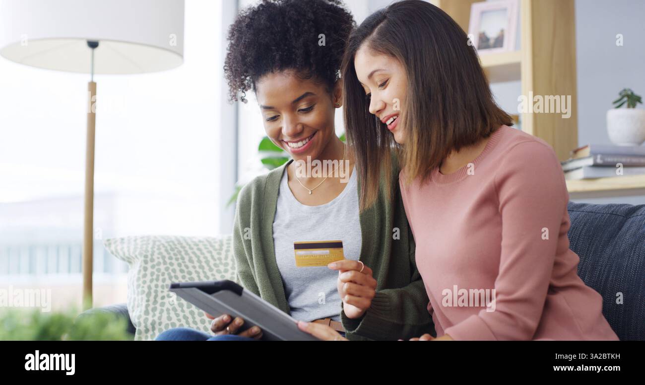 Sofa, friends and tablet with credit card for ecommerce, payment and ...