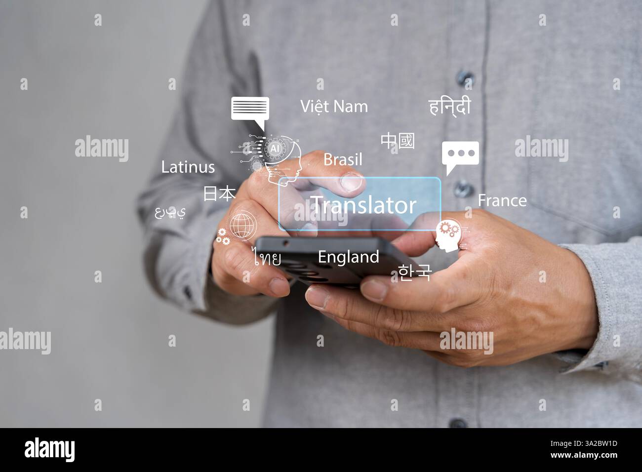 AI-Powered Language Translate App Concept. A person holds smartphone displaying an AI powered ...
