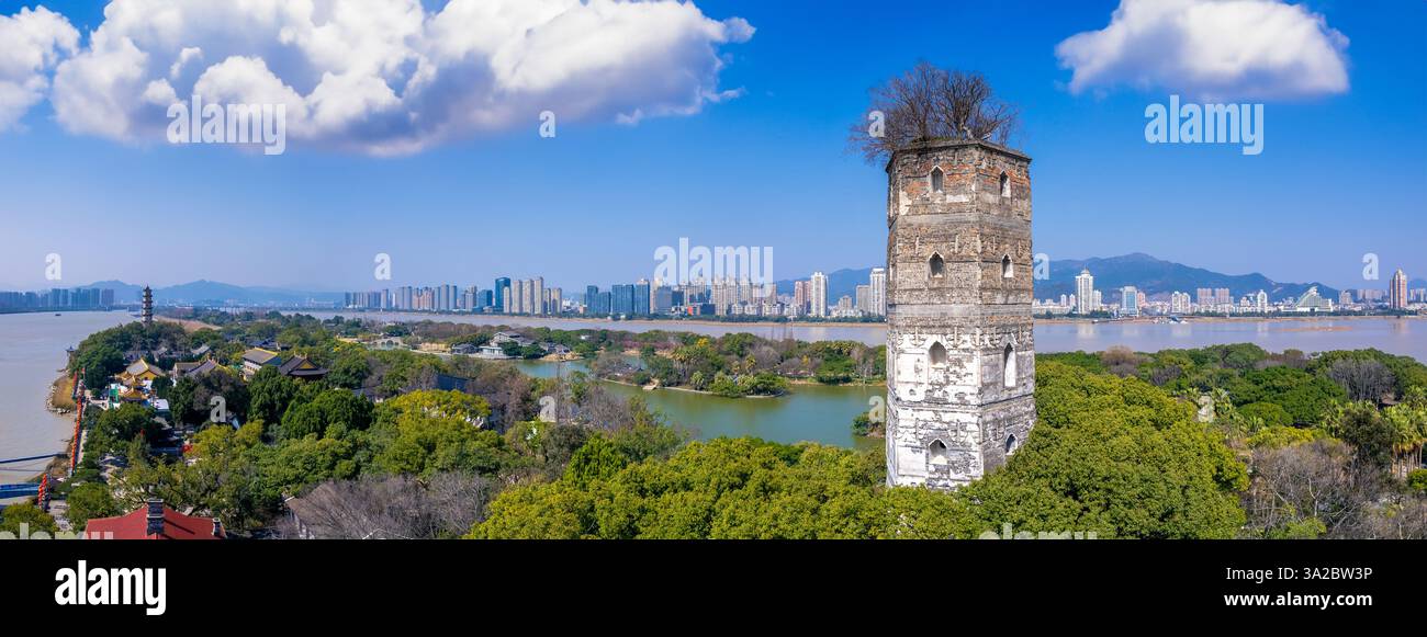 Aerial view of the twin towers on Jiangxinyu River, Wenzhou City ...