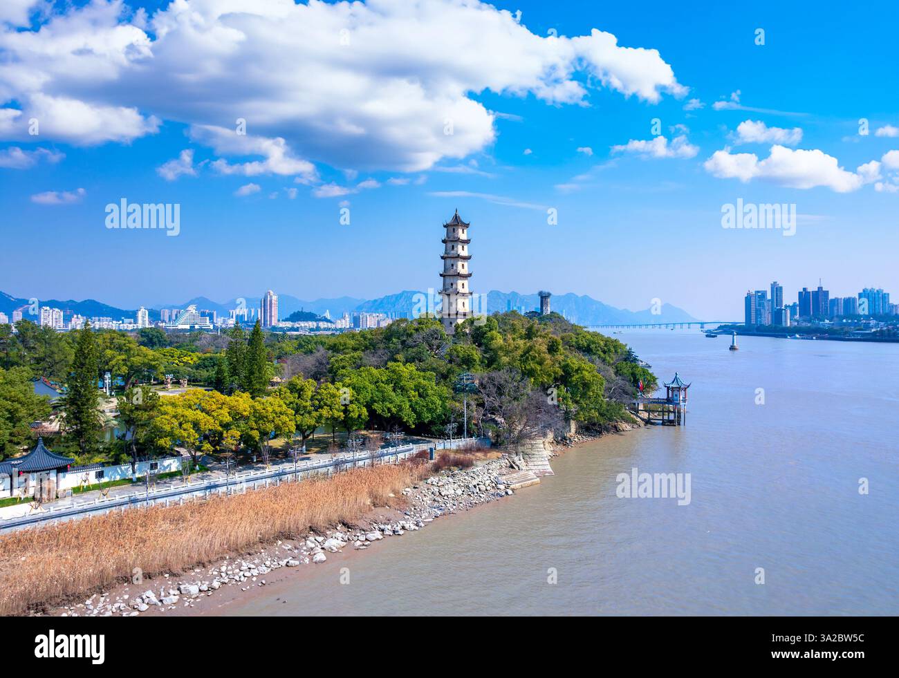 Aerial view of the twin towers on Jiangxinyu River, Wenzhou City ...