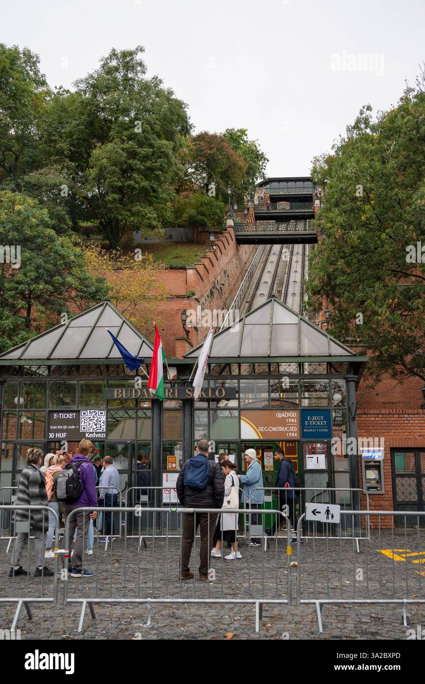 View of the funicular railway that takes people up hill to the Buda ...