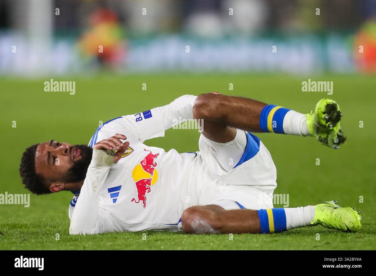 Leeds, UK. 12th Mar, 2025. Jayden Bogle of Leeds United left injured ...