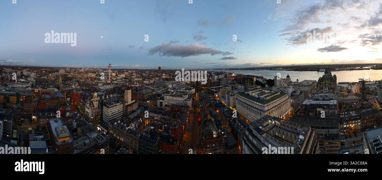 Panoramic aerial view of Liverpool at dusk, featuring the city skyline ...