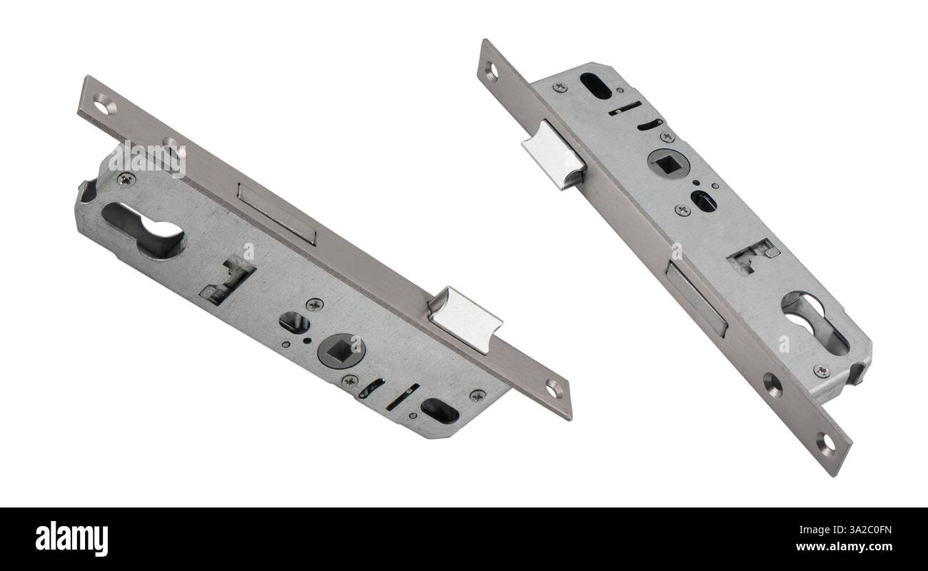 Galvanized mortise door lock with striker on white background. Door ...
