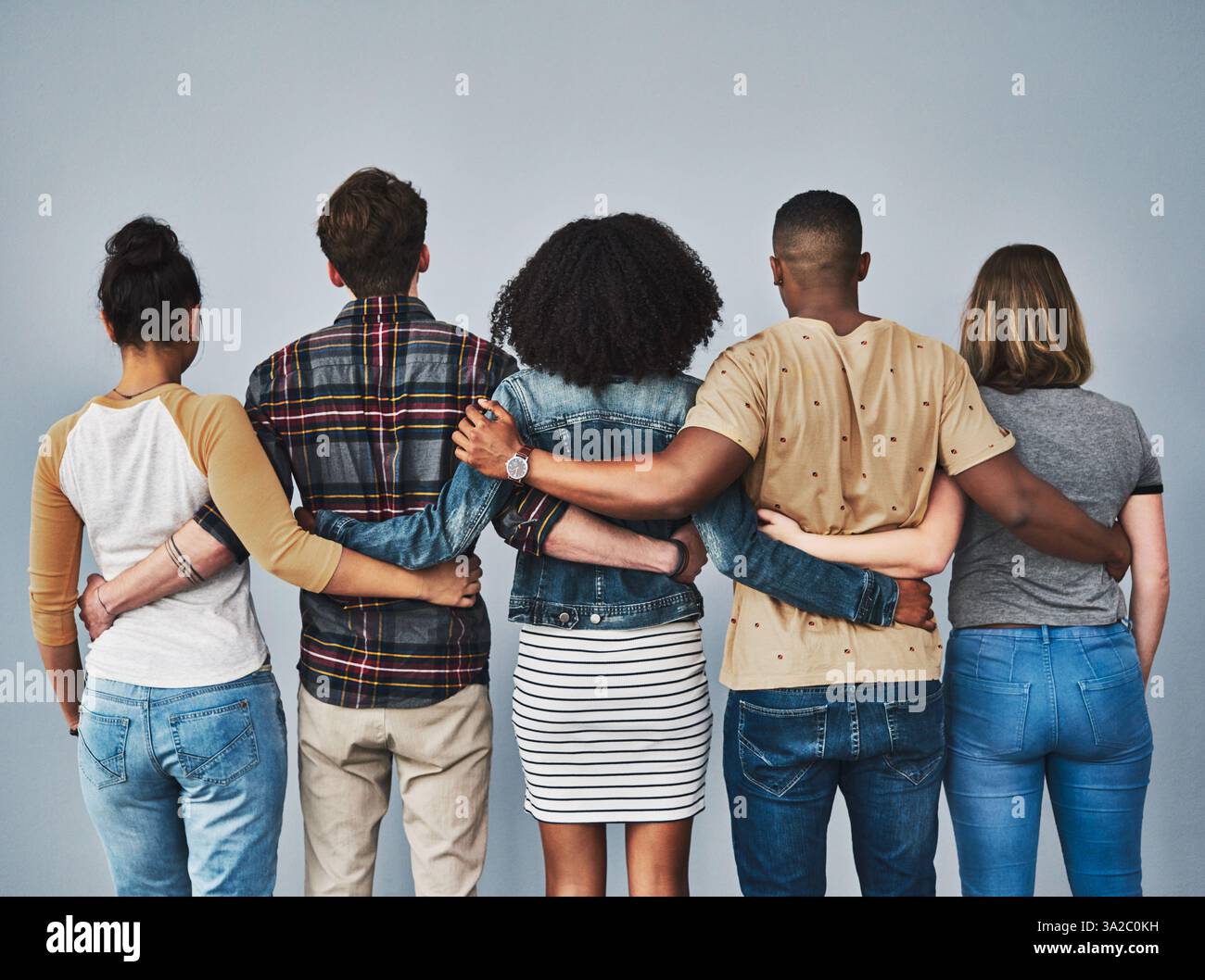 Students, back and row with diversity, studio and hug for solidarity or ...