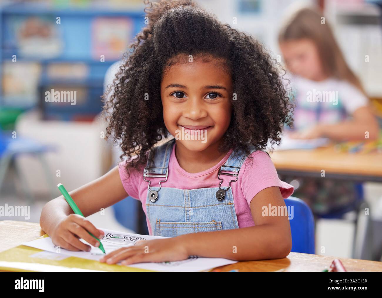 School, child and portrait with coloring in classroom for creative test ...