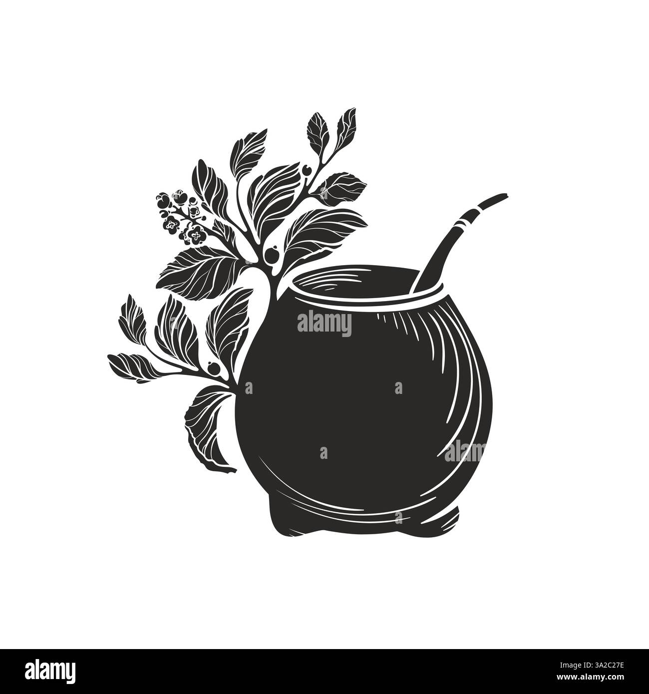 Yerba mate with calabash bowl. Black symbol. Vector shape of nature branch, leaves, texture cup ...