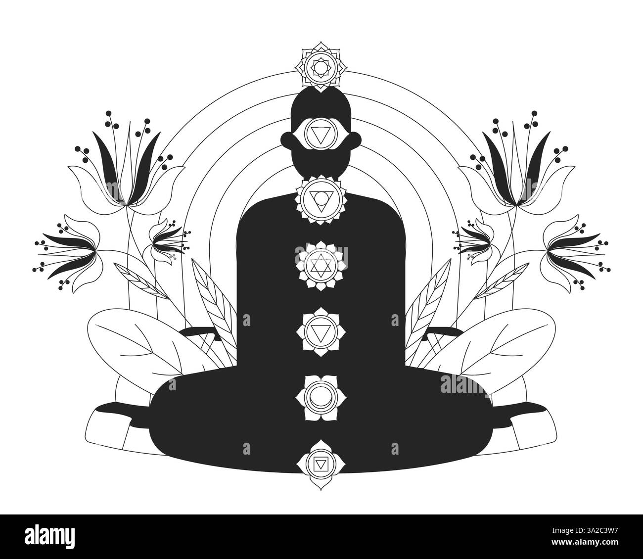 Chakras energy balance and spiritual alignment line illustration ...