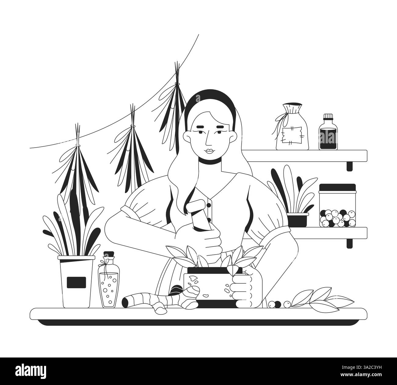 Herbalist preparing natural remedies outline illustration Stock Vector ...