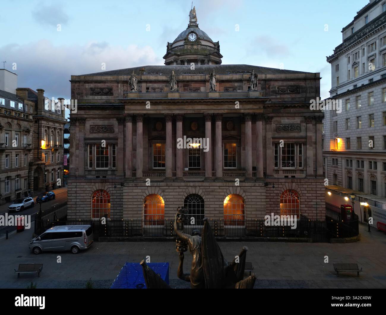 Rear view of Liverpool Town Hall at dusk, showcasing its neoclassical ...