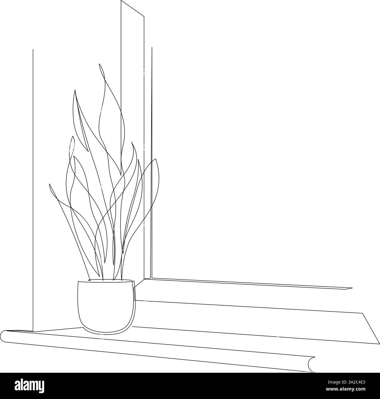 One line drawing of flower pot on window sill. Continuous line hand ...