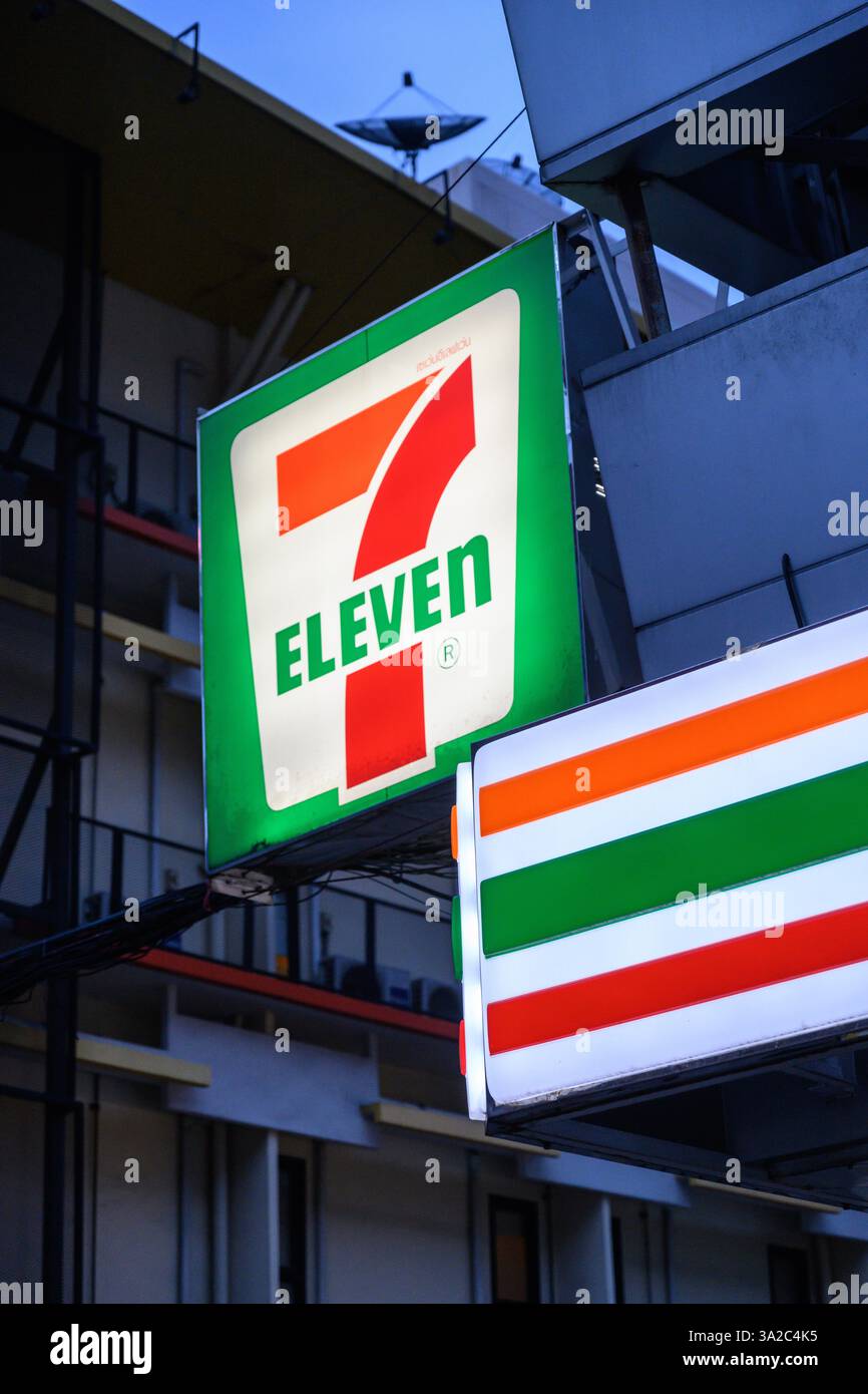 7 Eleven shop front sign and logo outside the popular convenience shop and supermarket in ...