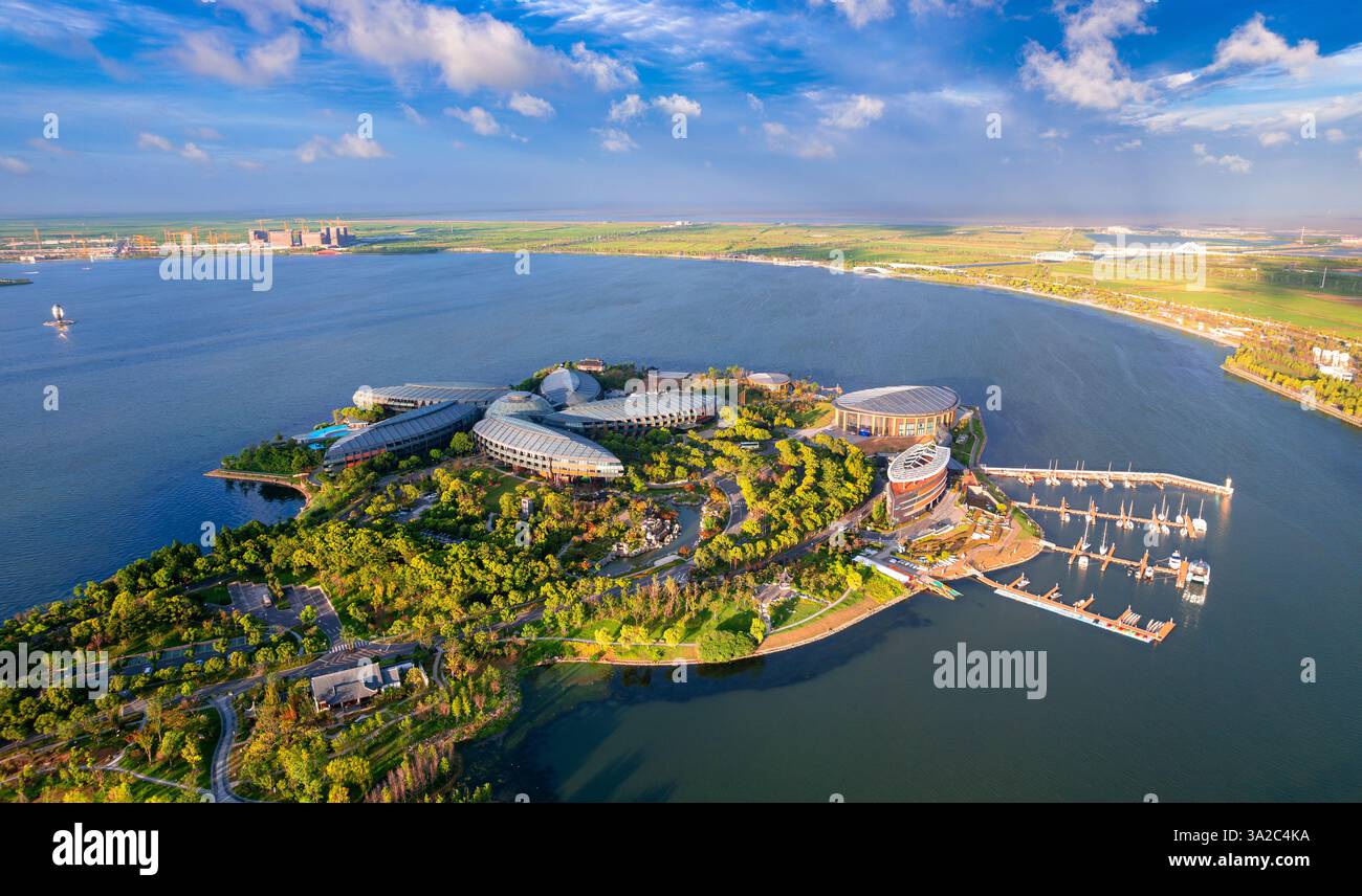 Aerial view of Dripping Lake South Island, Lingang New Town, Shanghai ...