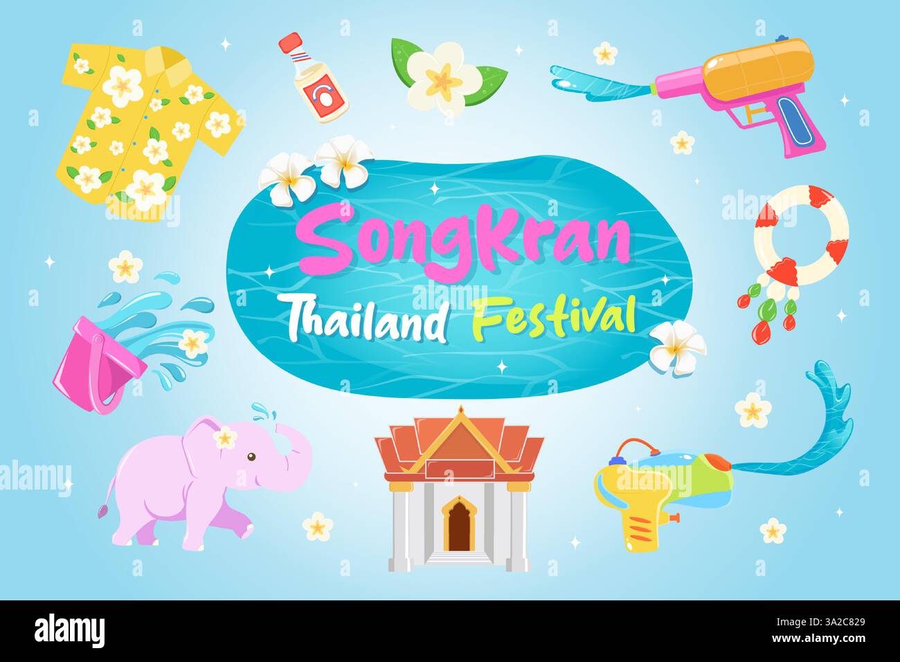 Exciting Songkran Festival Activities with Colorful Items, vector ...