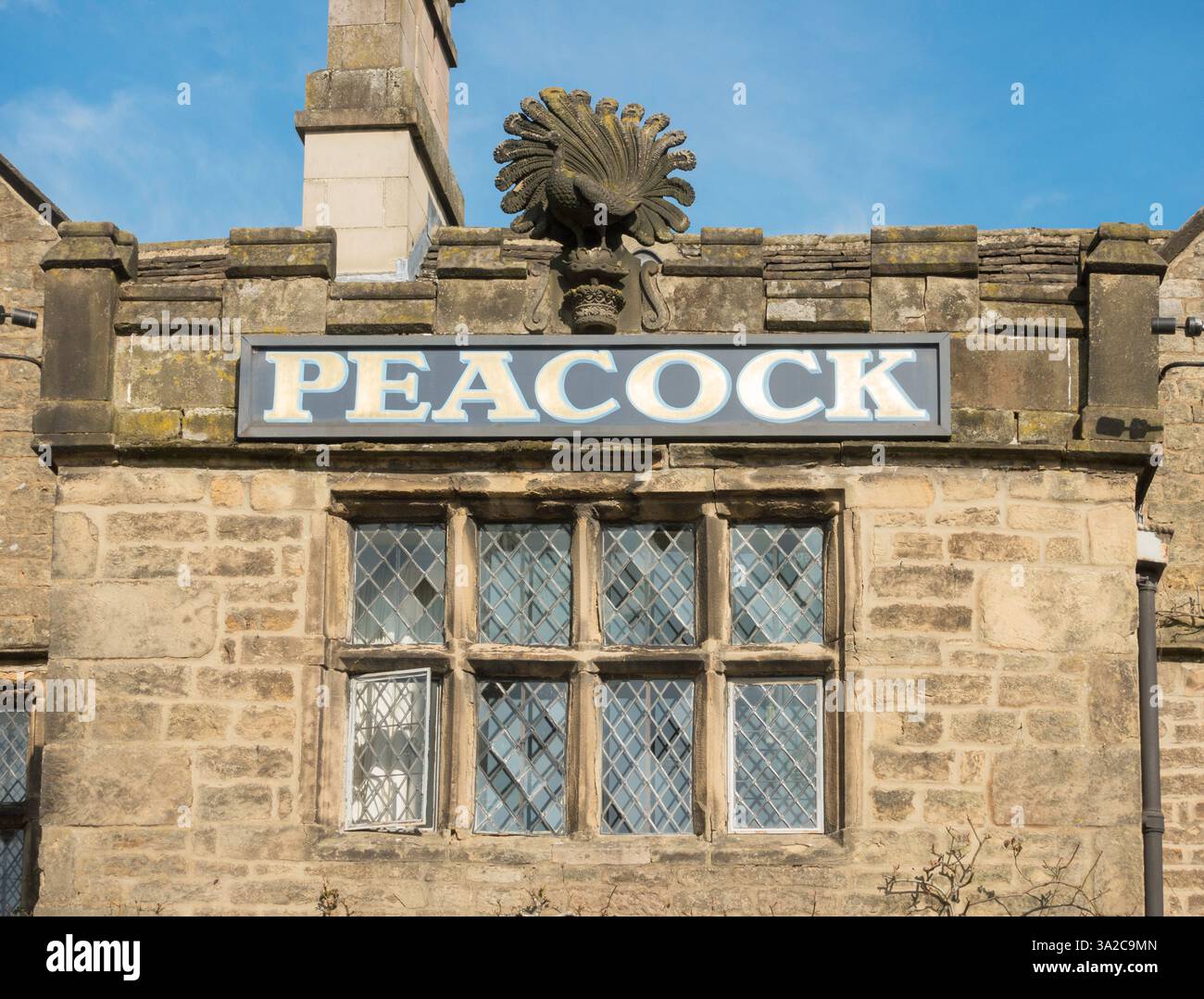 Peacock sculpture above the porch of the listed Peacock Hotel in ...