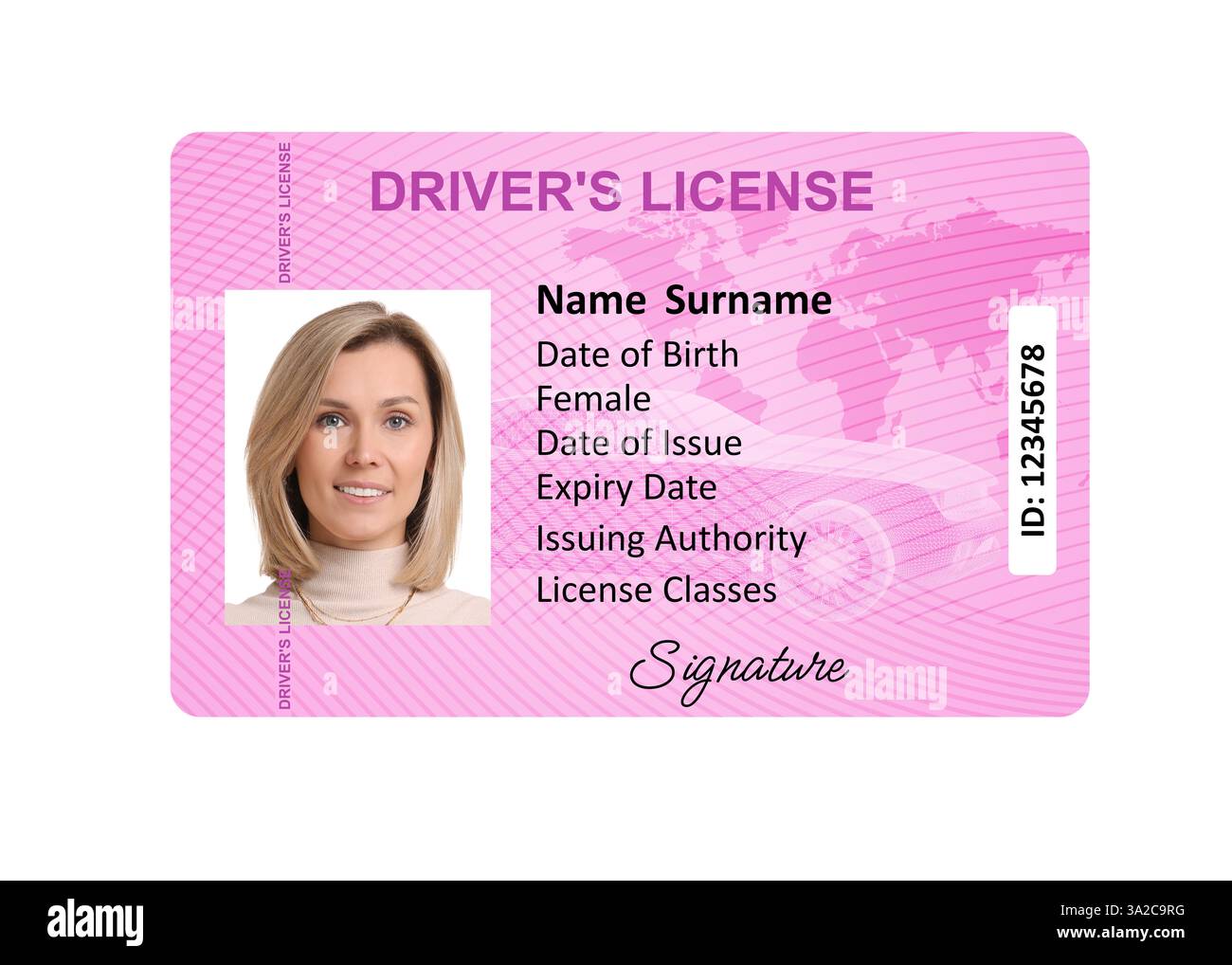 Driver's license with photo of woman and world map illustration ...