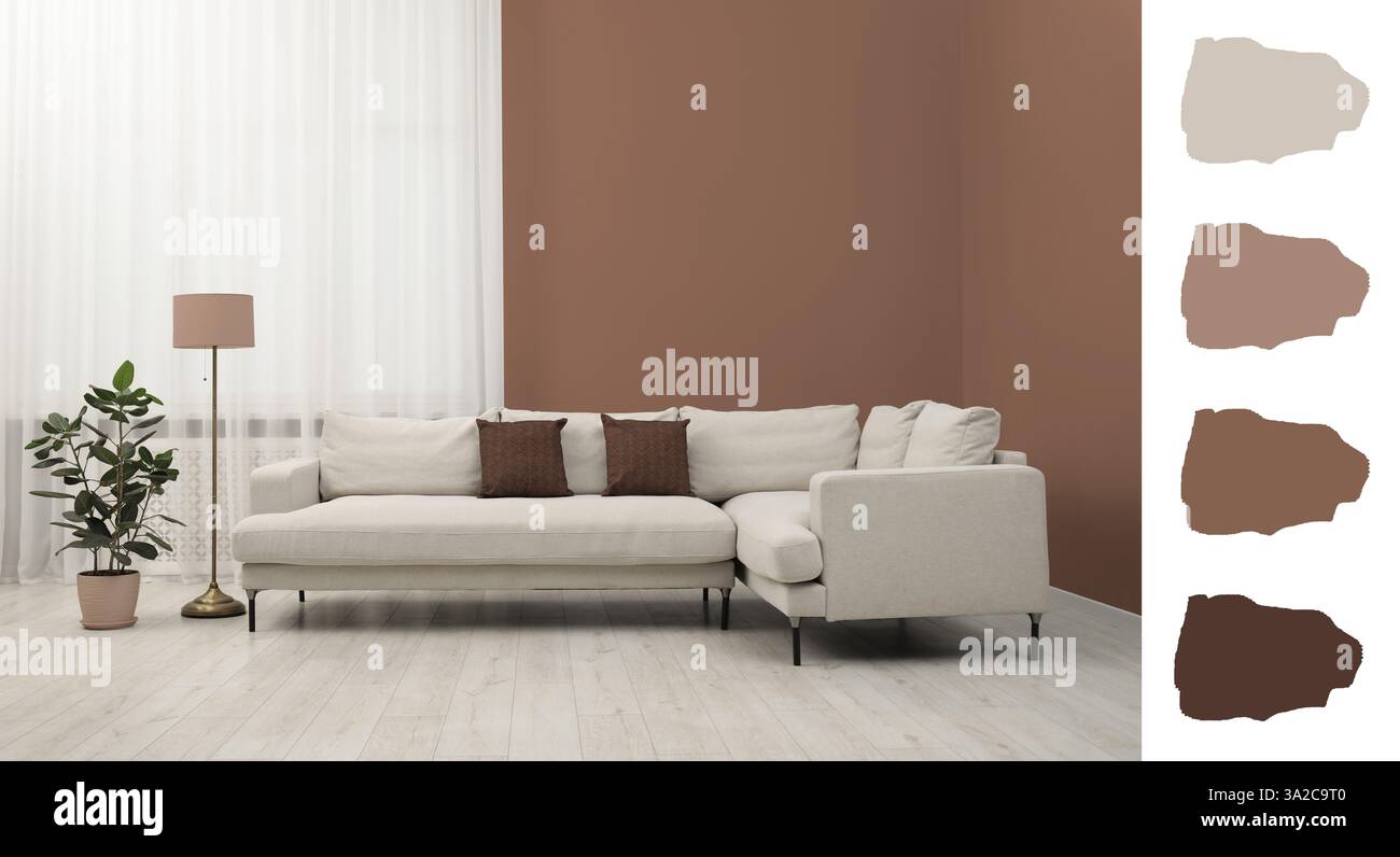 Stylish living room with elements in mocha mousse shade. Interior ...