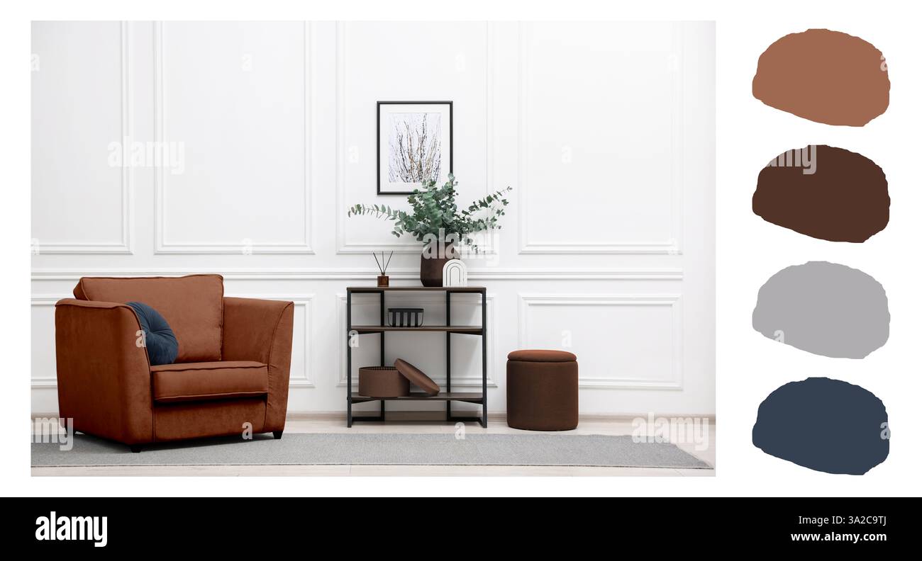 Stylish living room with elements in mocha mousse shade. Interior ...