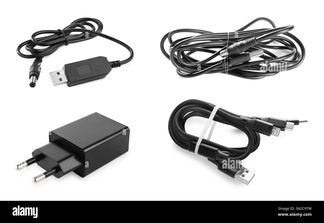 Different USB charge cables and power adapter on white background, set ...