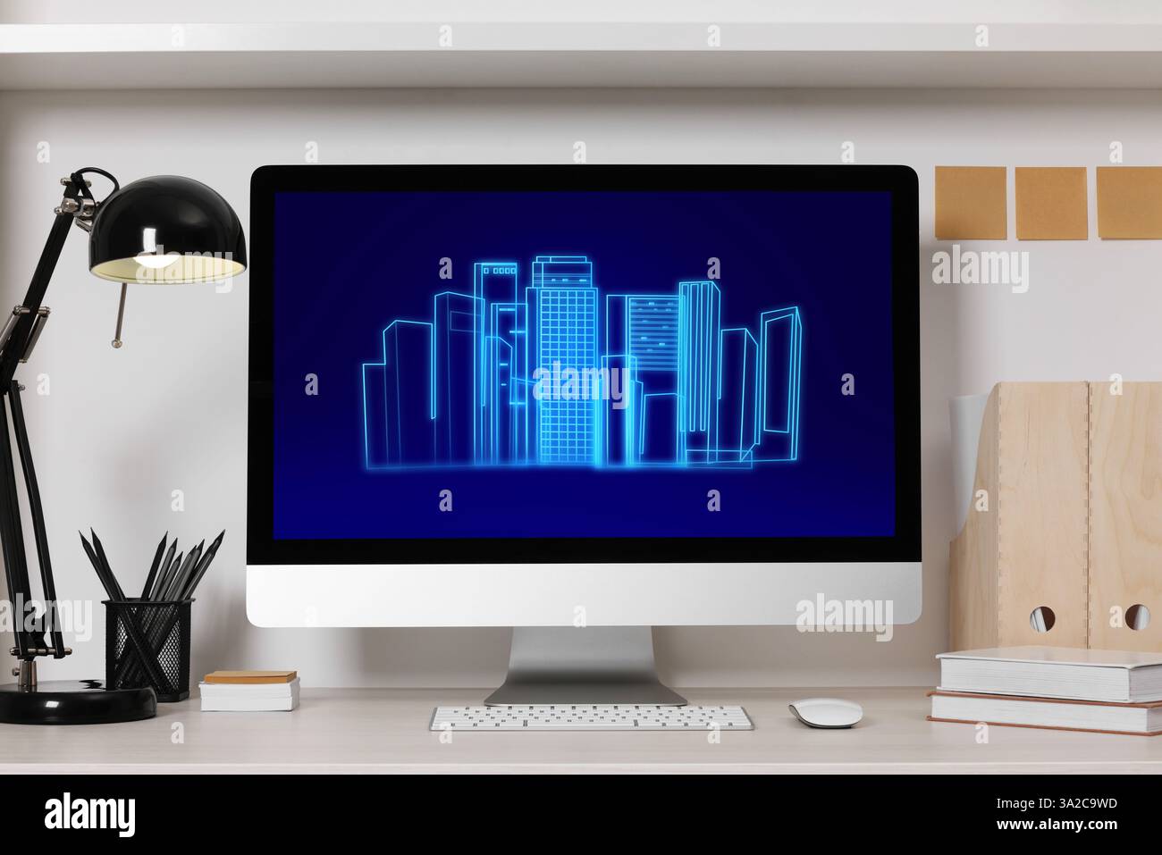 Building information modeling. Digital project on computer display ...