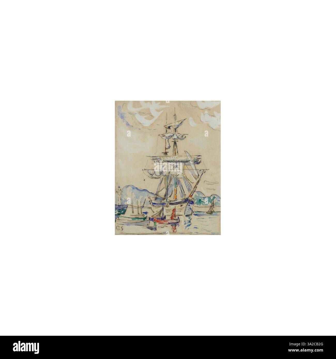 This piece depicts a two-masted sailboat anchored on calm waters ...
