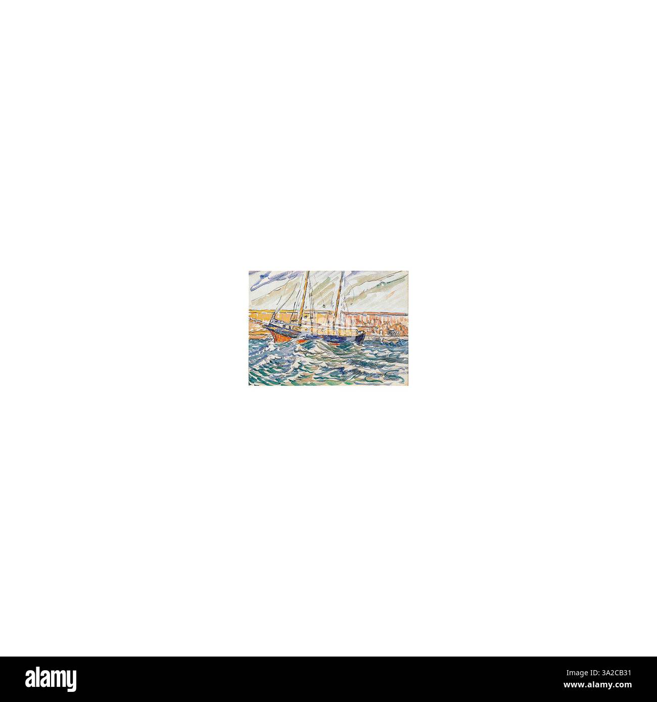 This painting depicts a fishing boat moored in a port, rendered using ...