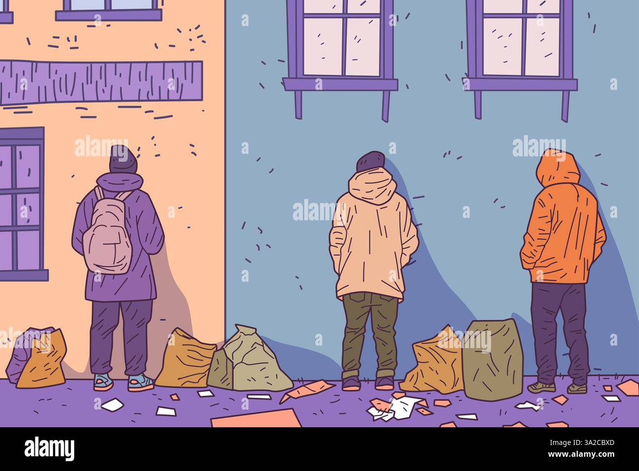 Homeless people urban scene three individuals standing against colorful ...