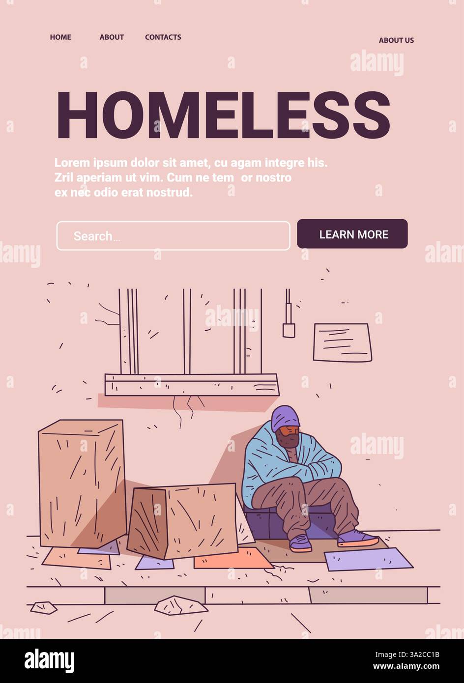 Homeless person street scene urban poverty cardboard boxes somber ...