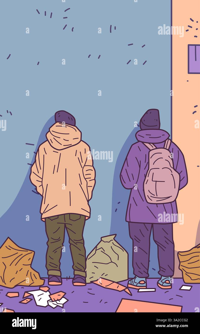 Homeless people standing against wall urban scene debris colorful ...