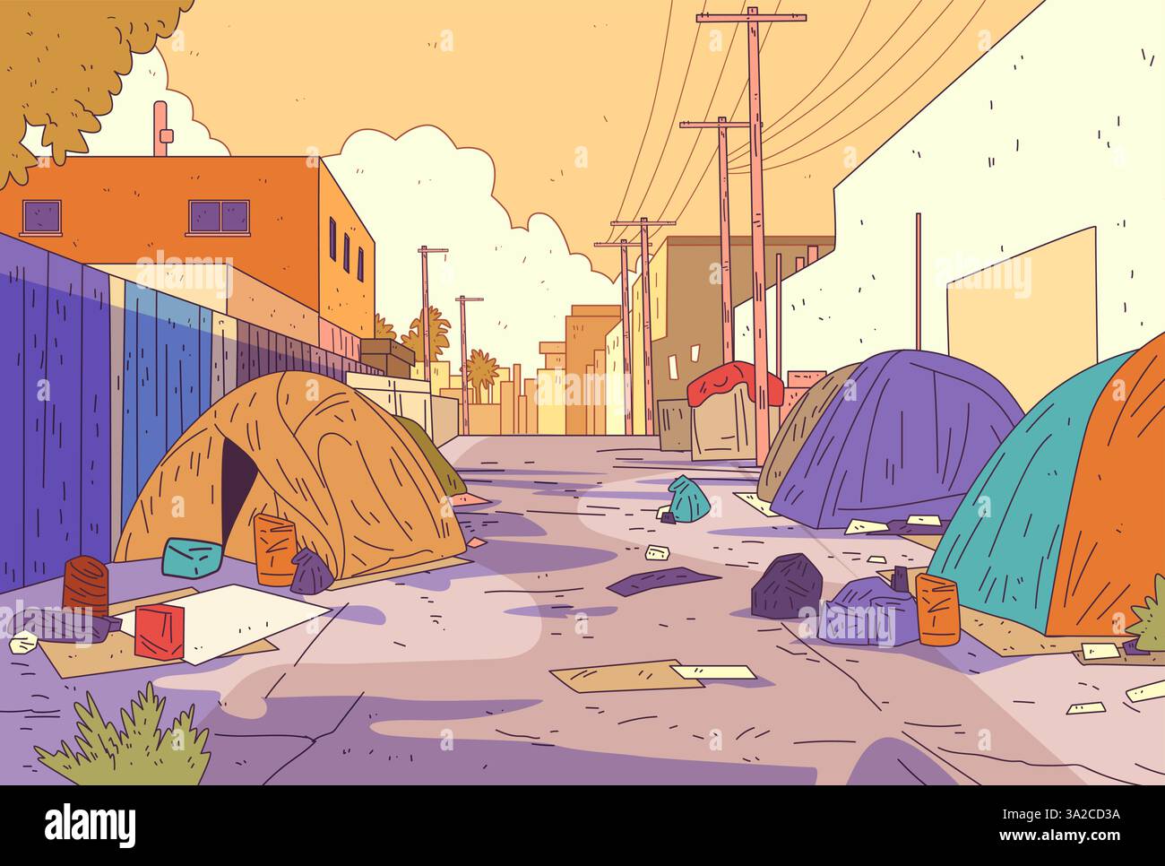 Urban homelessness scene tents street alleyway colorful buildings power ...