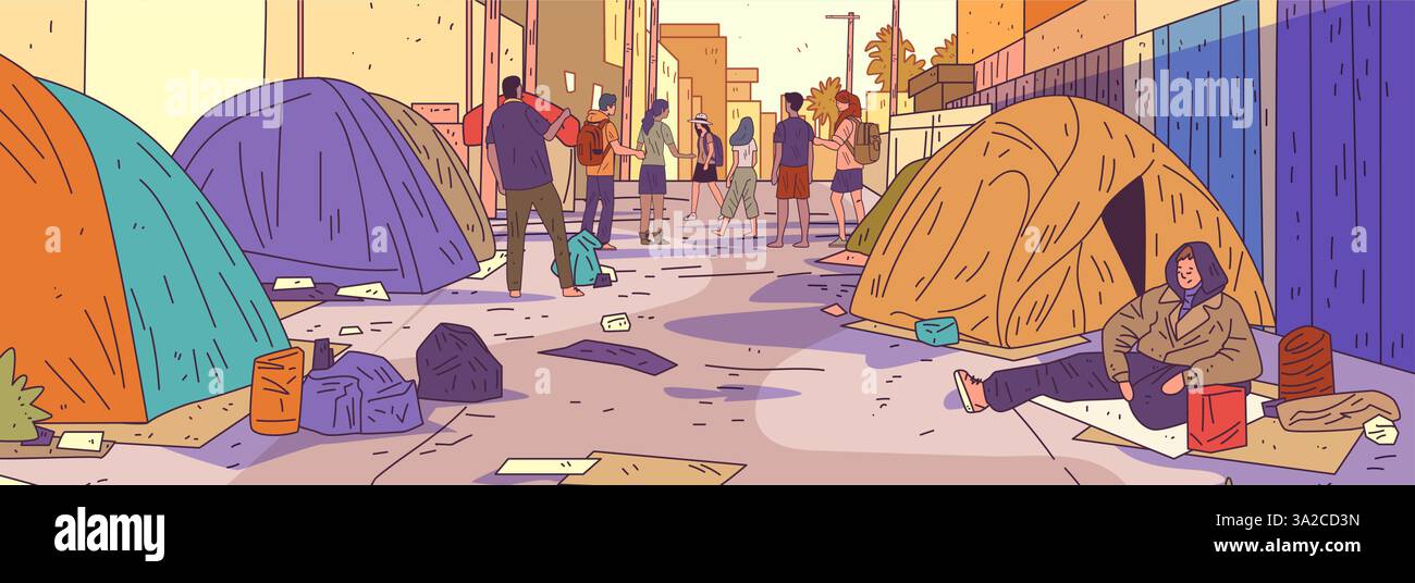 Homelessness urban scene tents people gathering colorful street setting ...