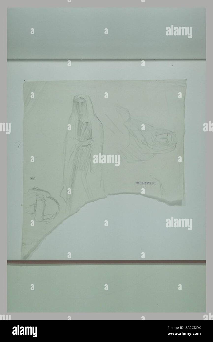 This drawing depicts two studies of a veiled woman, focusing on her ...